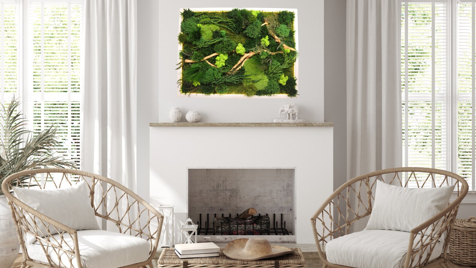 Moss Wall Decor With Lighting and Frame, Preserved Moss Wall Art ...