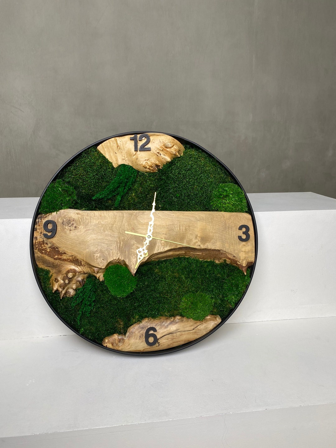 Modern Wall Clock With Moss, Wood & Metal Wall Clock, Handmade Moss ...