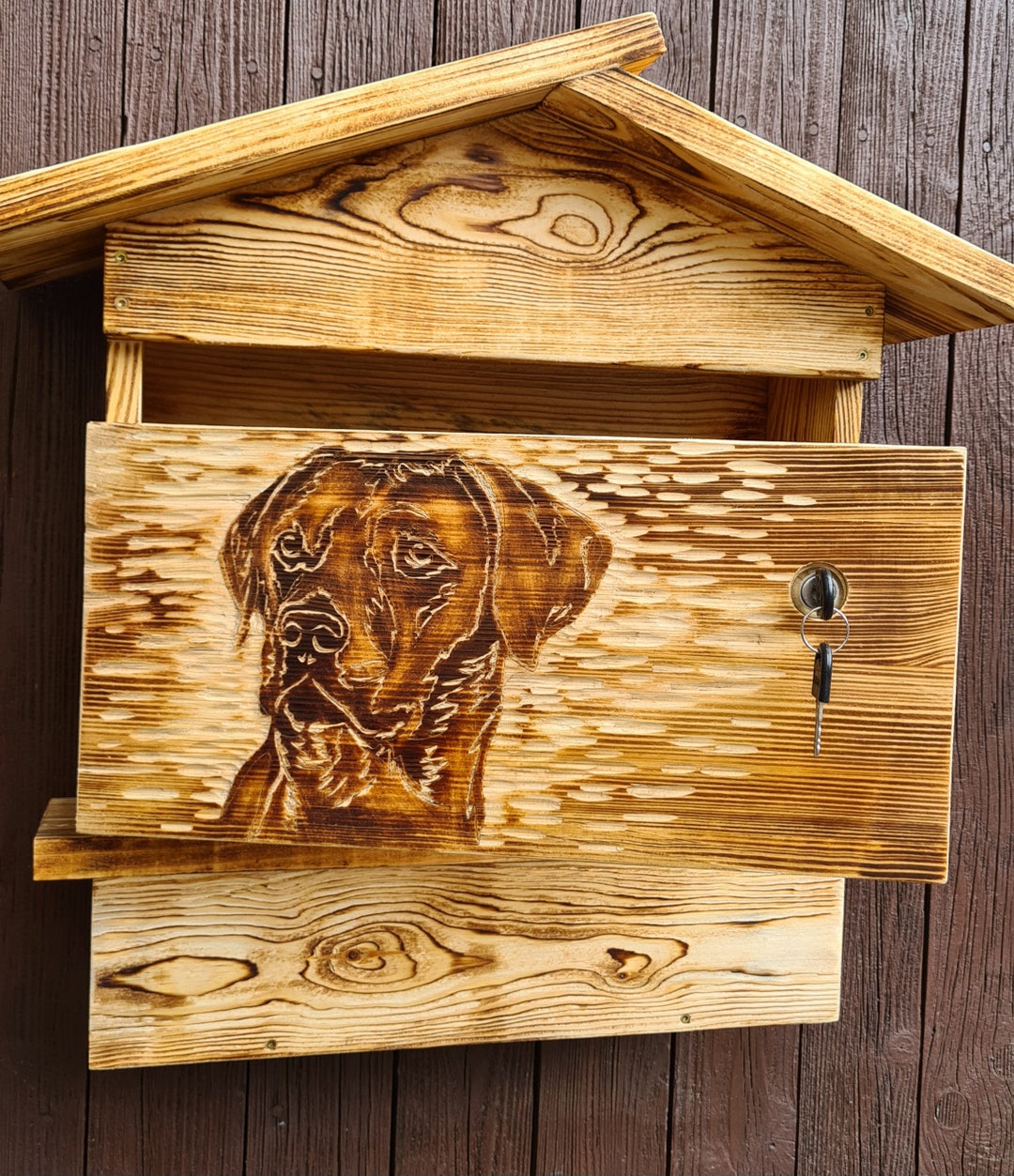 Letterbox, Wall Letterbox, Postbox, Mailbox Made of Wood, Motif dog ...