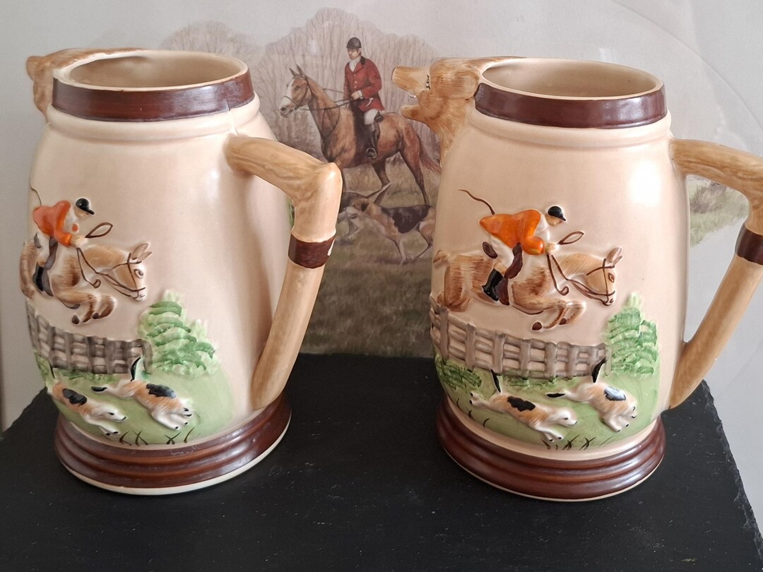 A Pair of Keele Pottery Jugs or Pitchers of English Foxhunting Interest ...