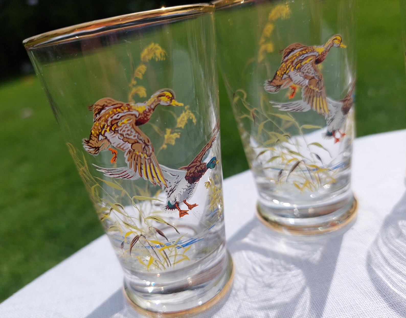 A Mid Century Glass Tray With Matching Beakers, Featuring Mallard Ducks ...