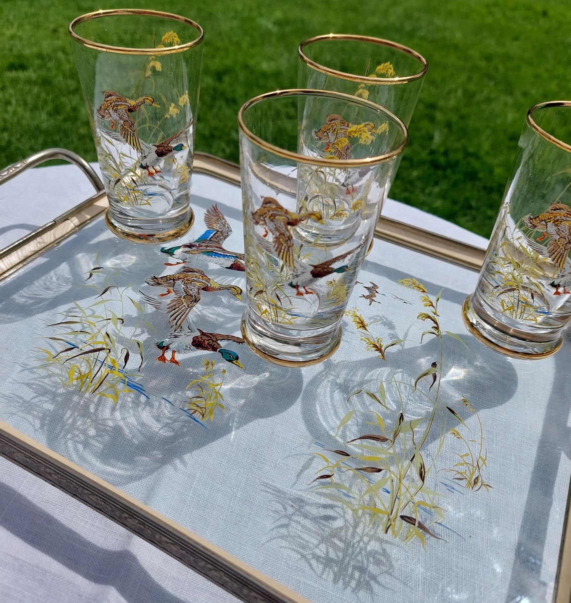 A Mid Century Glass Tray With Matching Beakers, Featuring Mallard Ducks ...