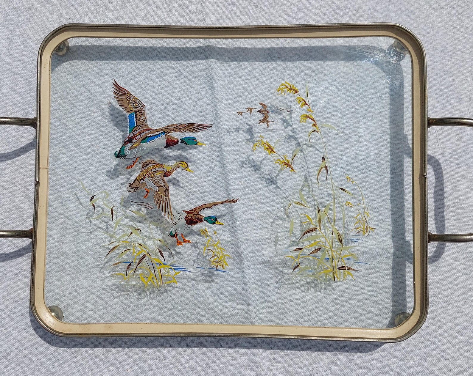 A Mid Century Glass Tray With Matching Beakers, Featuring Mallard Ducks ...