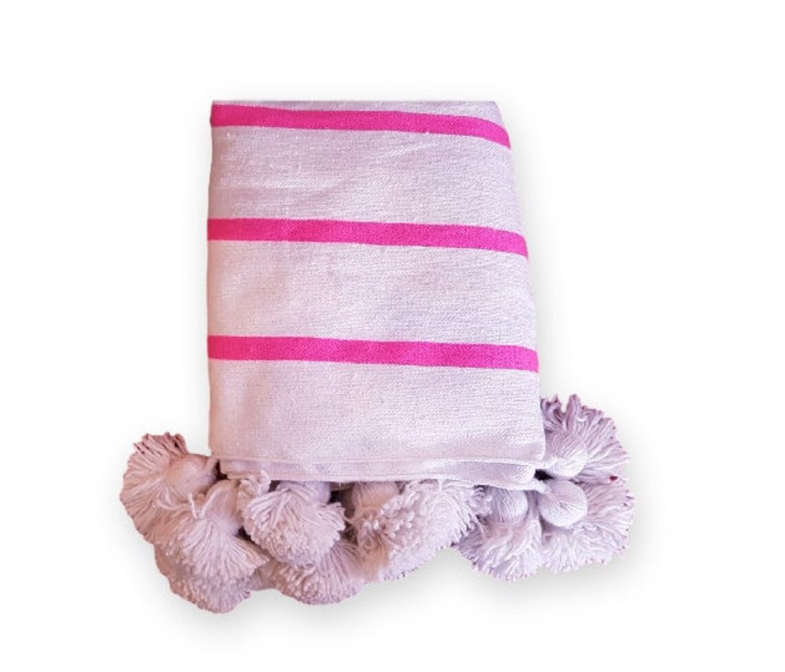 White With Pink Stripes Moroccan Wool Pom Poms Blanket Pom - Etsy