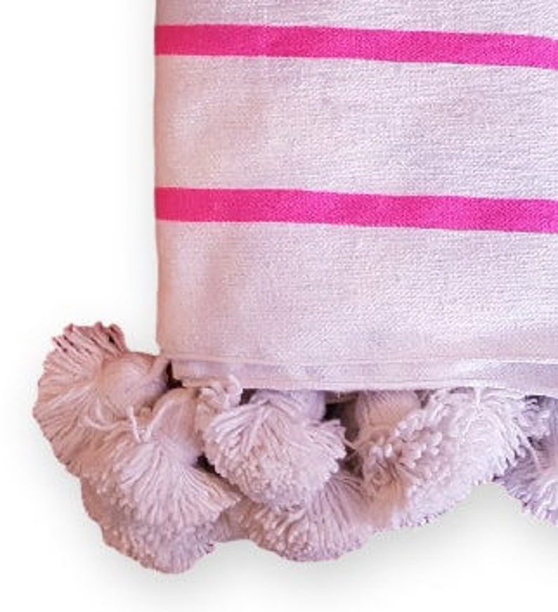 White With Pink Stripes Moroccan Wool Pom Poms Blanket Pom - Etsy