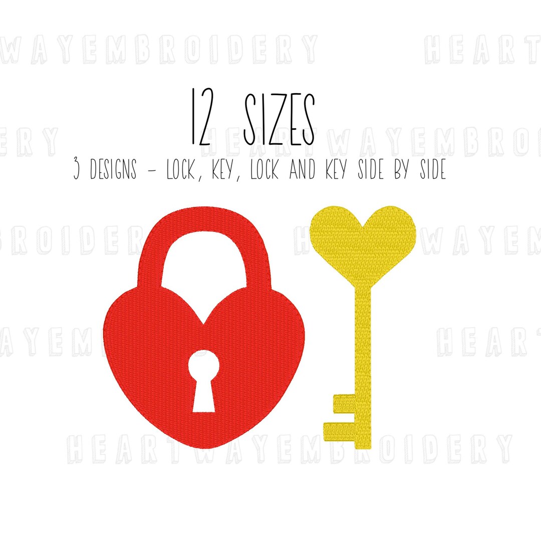 Lock and Key Embroidery Design 12 SIZES - 3 VERSIONS Love Embroidery ...