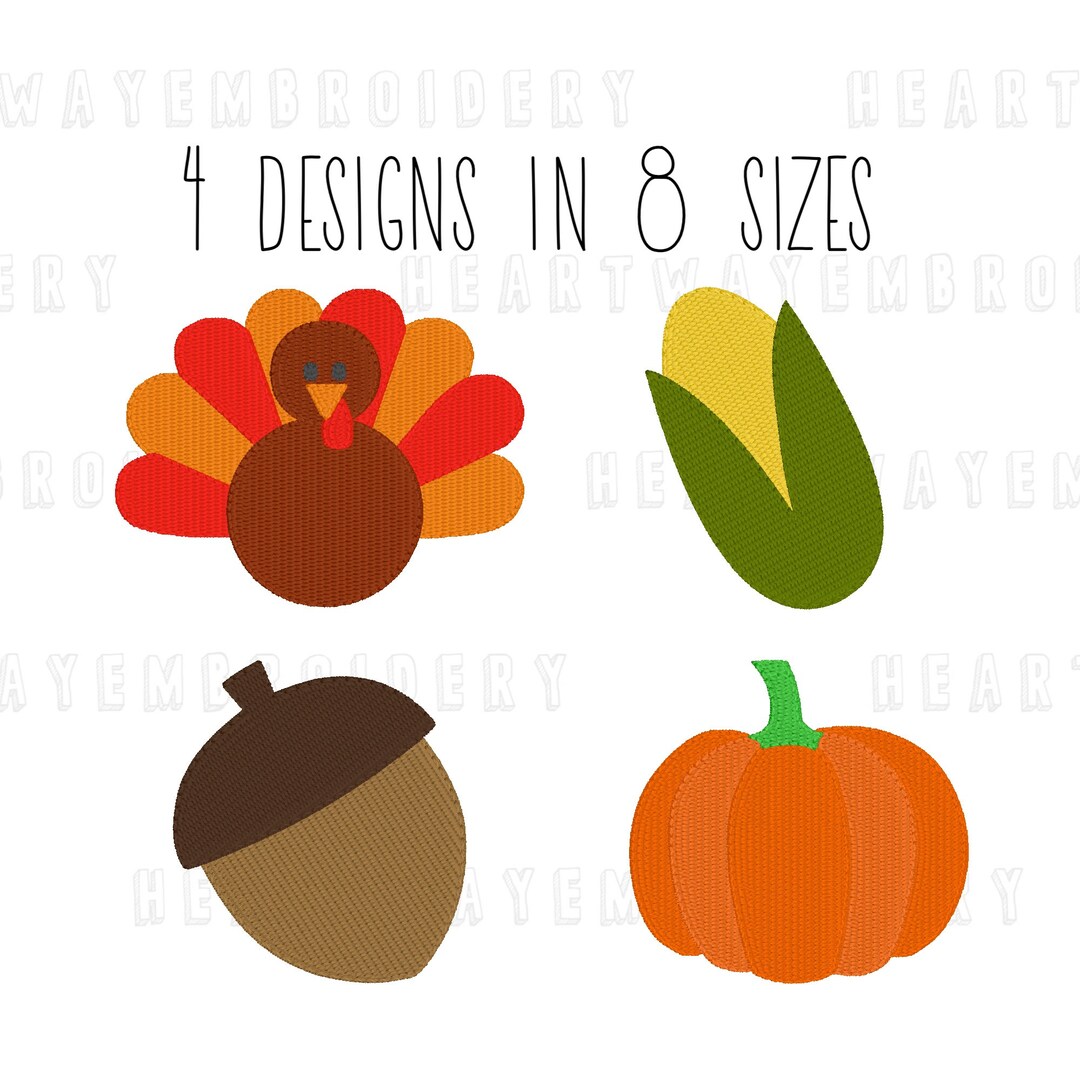 Thanksgiving Embroidery Design Set: Turkey, Pumpkin, Corn, Acorn ...