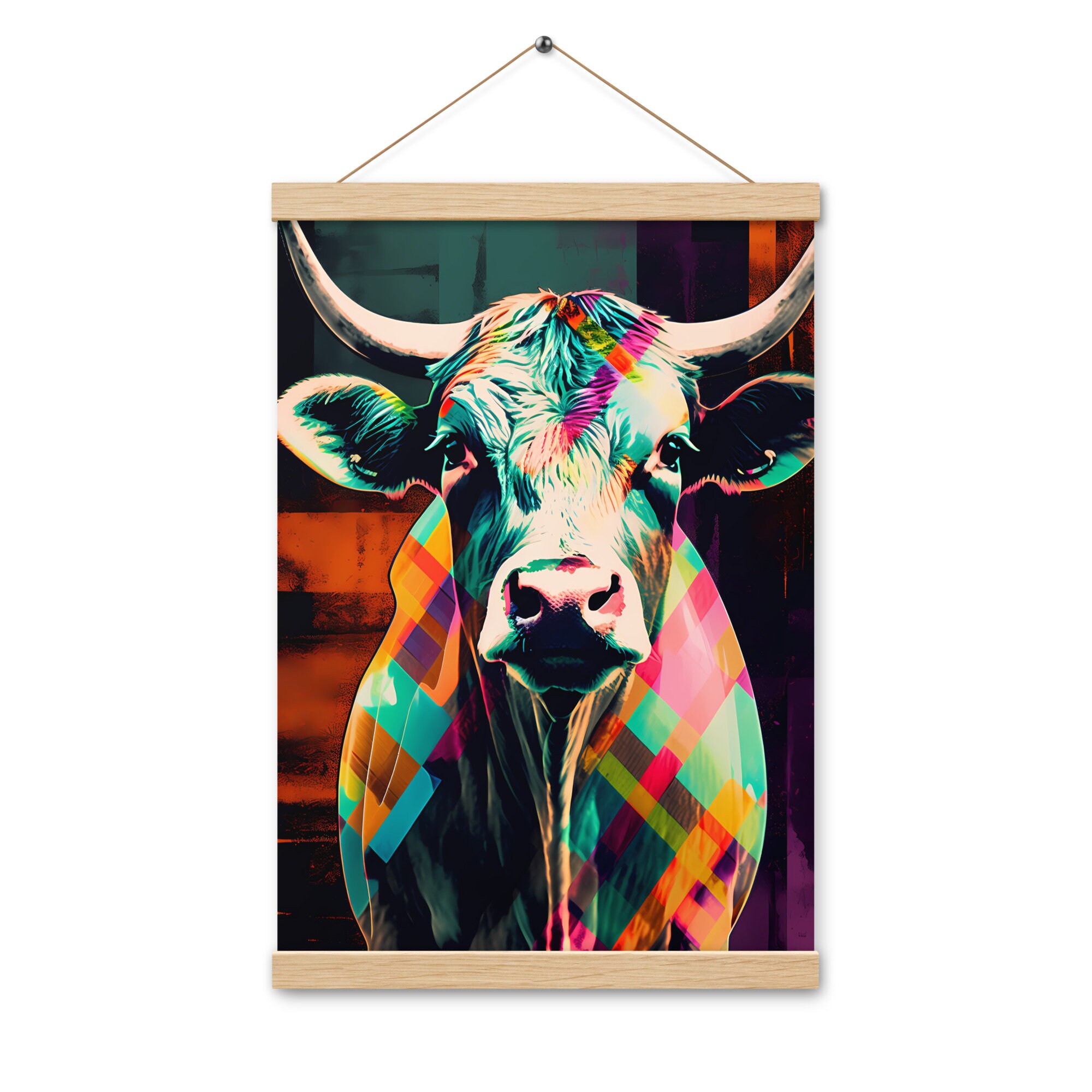 Bull Decor, Rustic Outdoor Animal, Psychedelic Plaid Digital ...