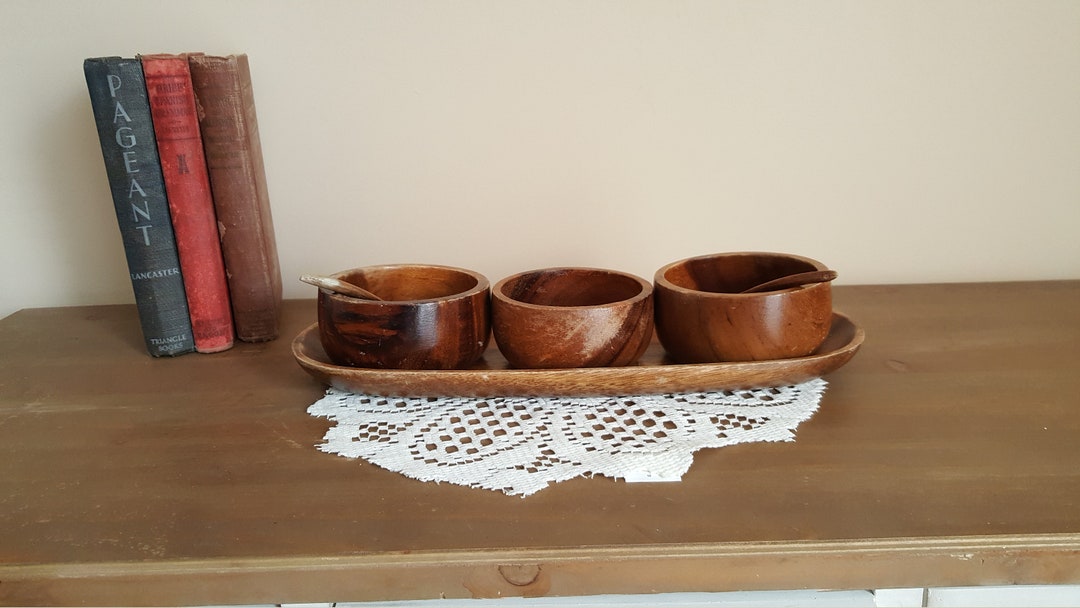 Vintage Wooden Condiment Set With Tray, 3 Bowls and 2 Spoons/ketchup ...