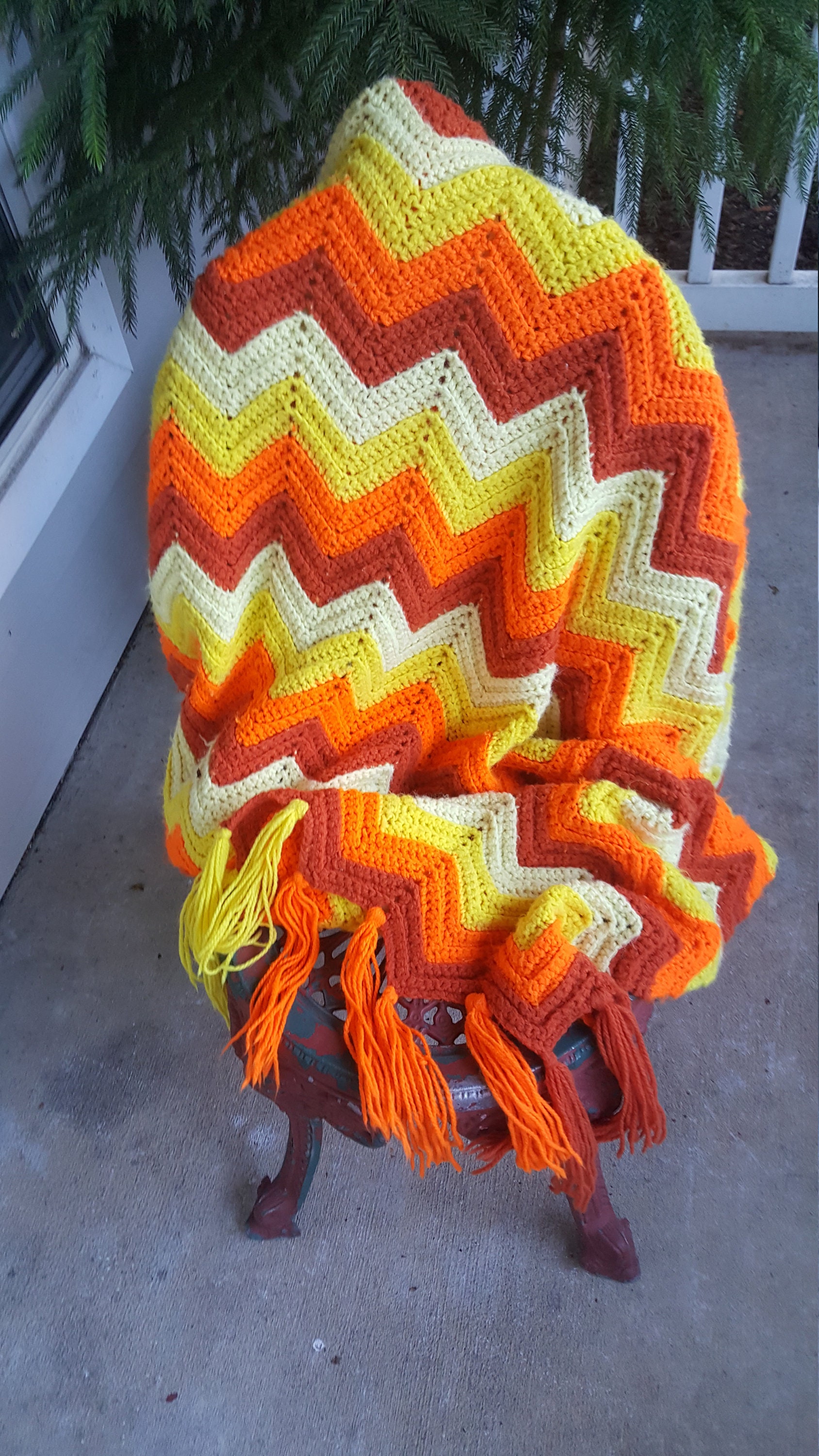 Vintage Orange Yellow and Burgundy Fringed Afghan, No Holes or ...