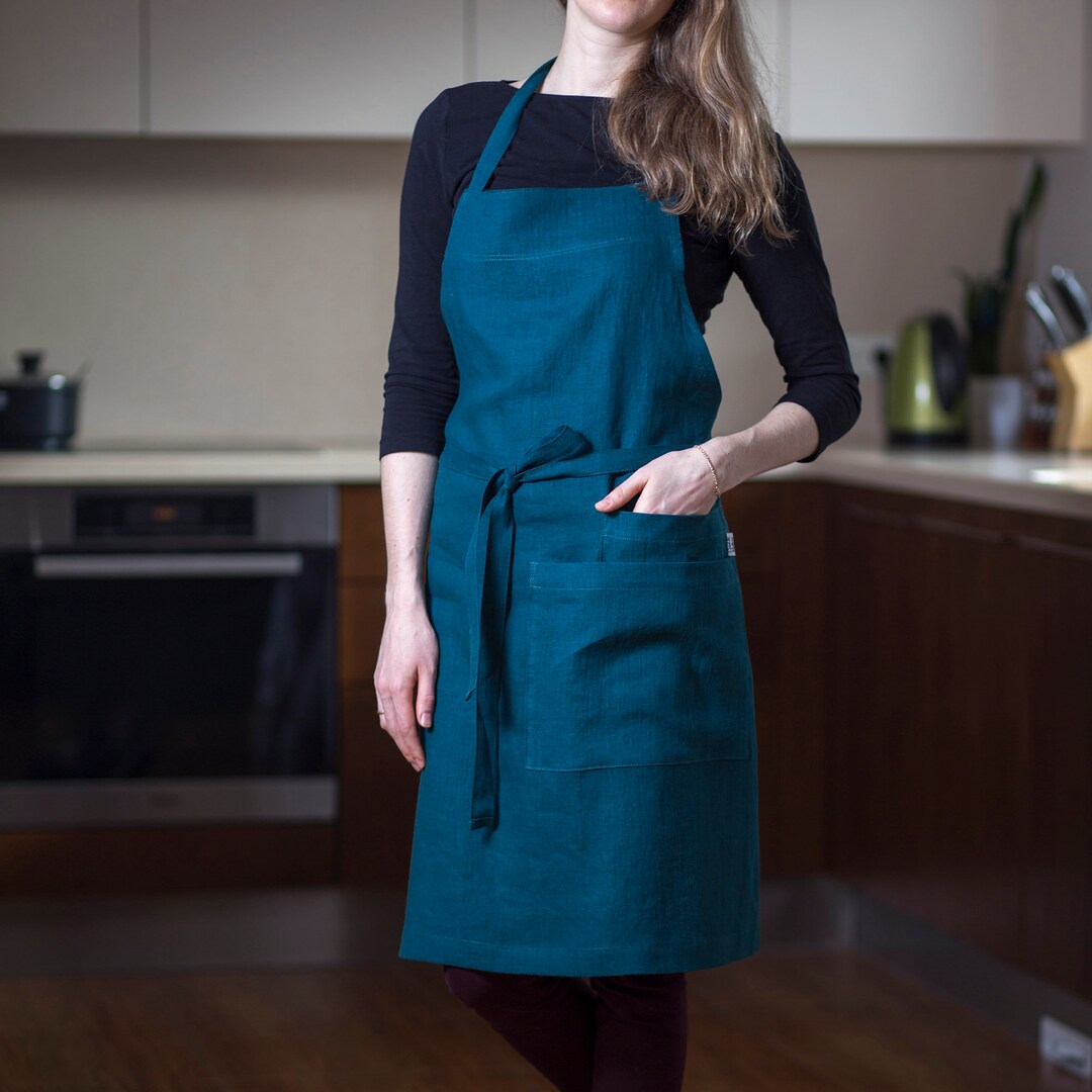 Dark Teal Linen Apron With Pockets. Solid Greenish Blue Gardening Apron ...