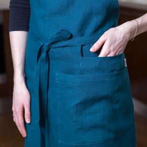Dark Teal Linen Apron With Pockets. Solid Greenish Blue Gardening Apron ...