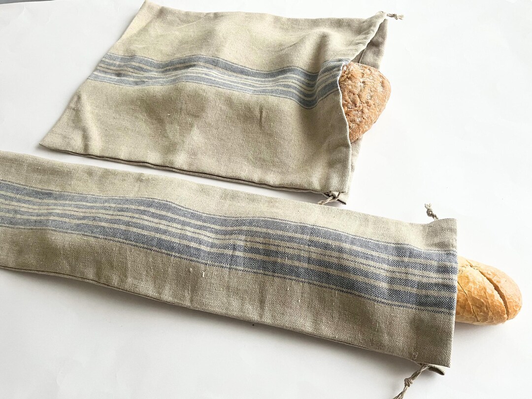 Linen Bread Bag and Baguette Bag Set With Blue Stripes. Striped Zero ...