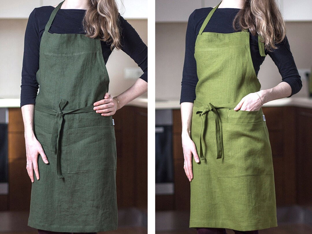 Long Green Apron With Pockets, Adjustable Ties. Full Linen Apron for ...