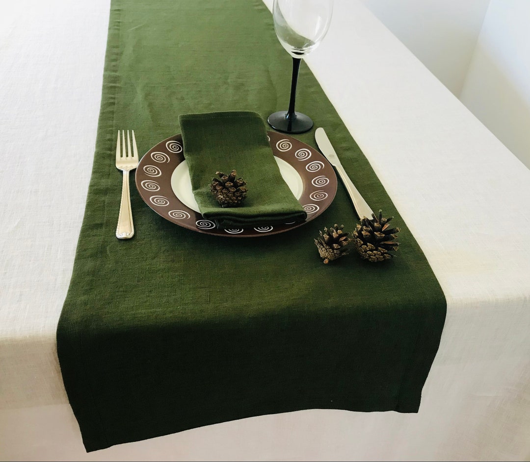Dark Forest Green Linen Table Runner. Modern Table Centerpiece. Rustic ...