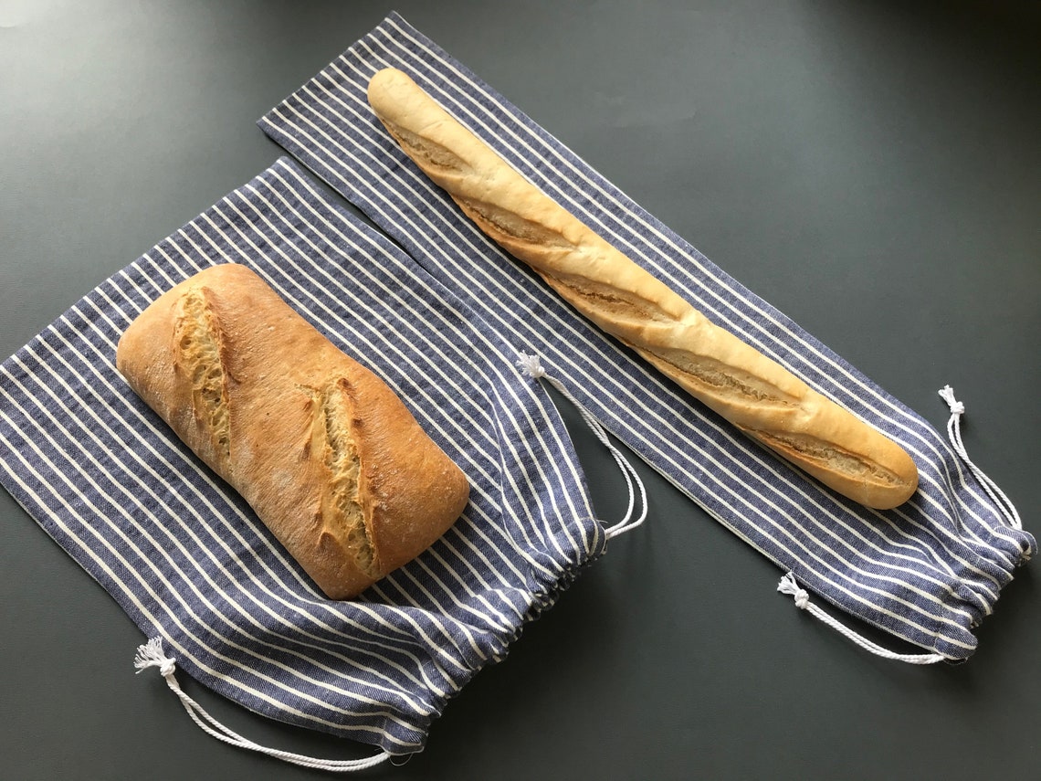 Linen Bread Bag and Baguette Bag Set With Blue Stripes. | Etsy