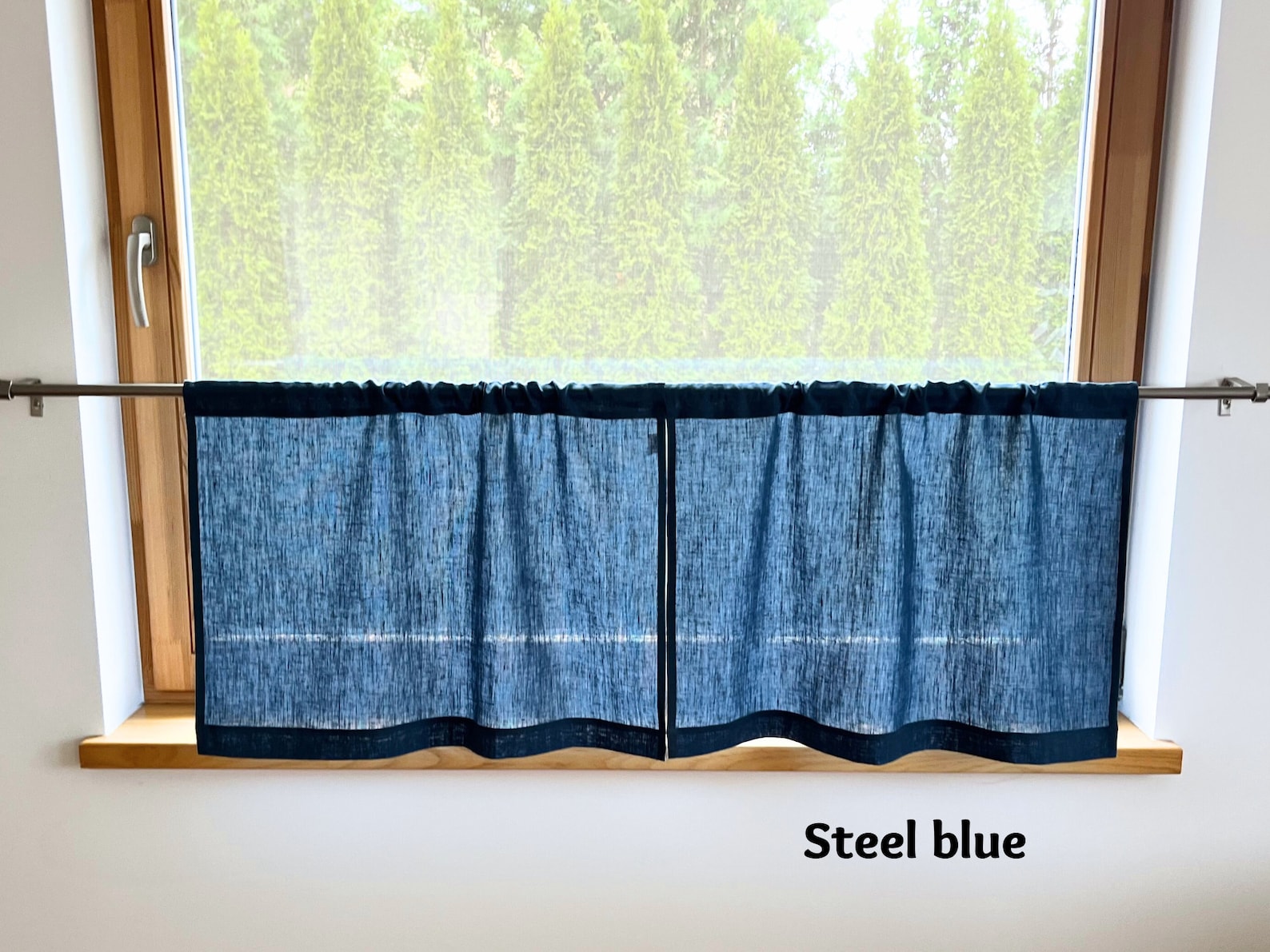 Custom Size Steel Blue Linen Cafe Curtains for Kitchen or Bathroom ...