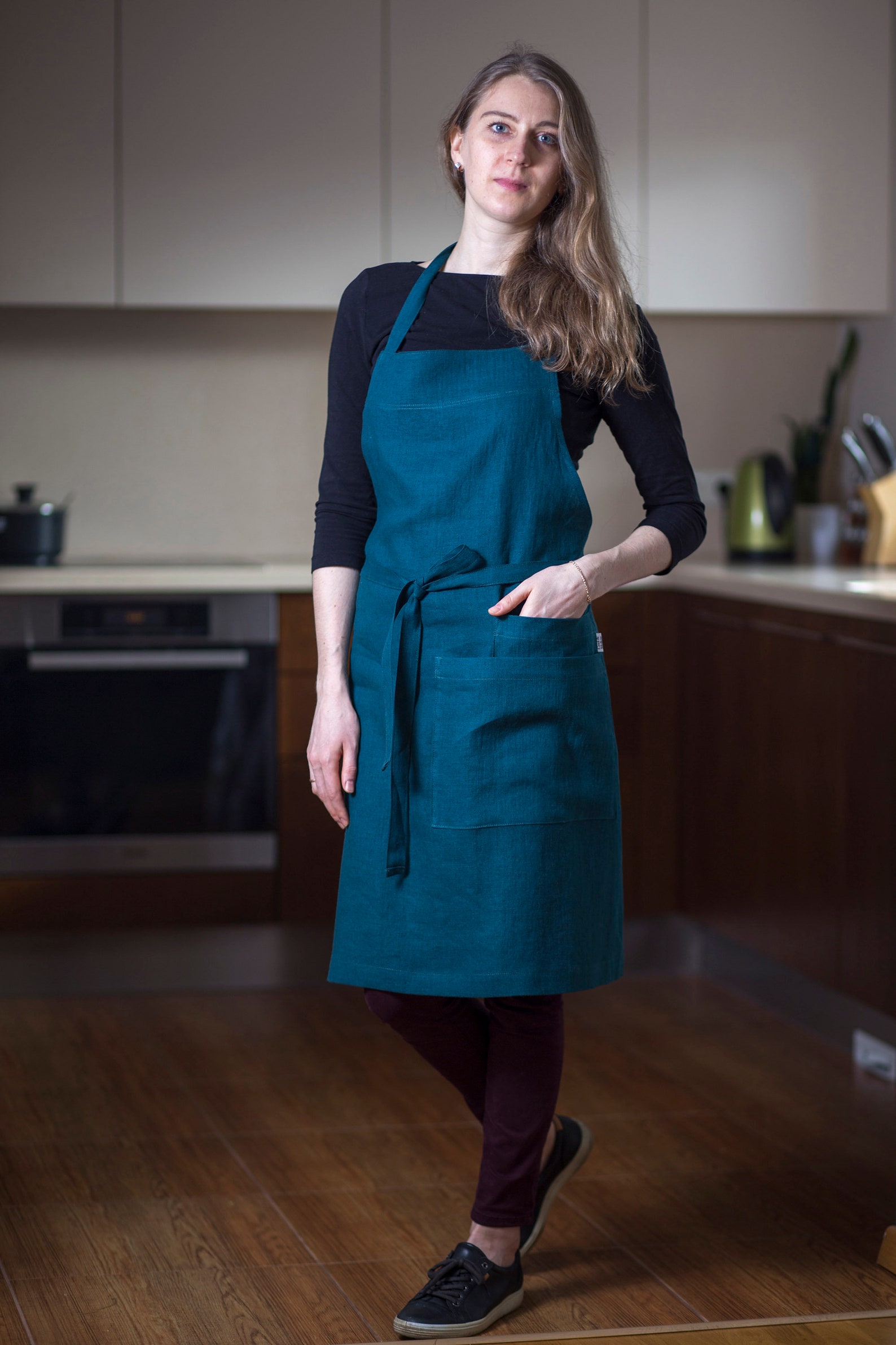 Dark Teal Linen Apron With Pockets. Solid Greenish Blue - Etsy