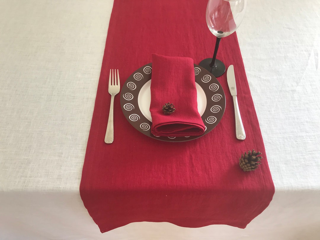 Berry Red Linen Table Runner. Dark Red Table Centerpiece. Linen Table ...