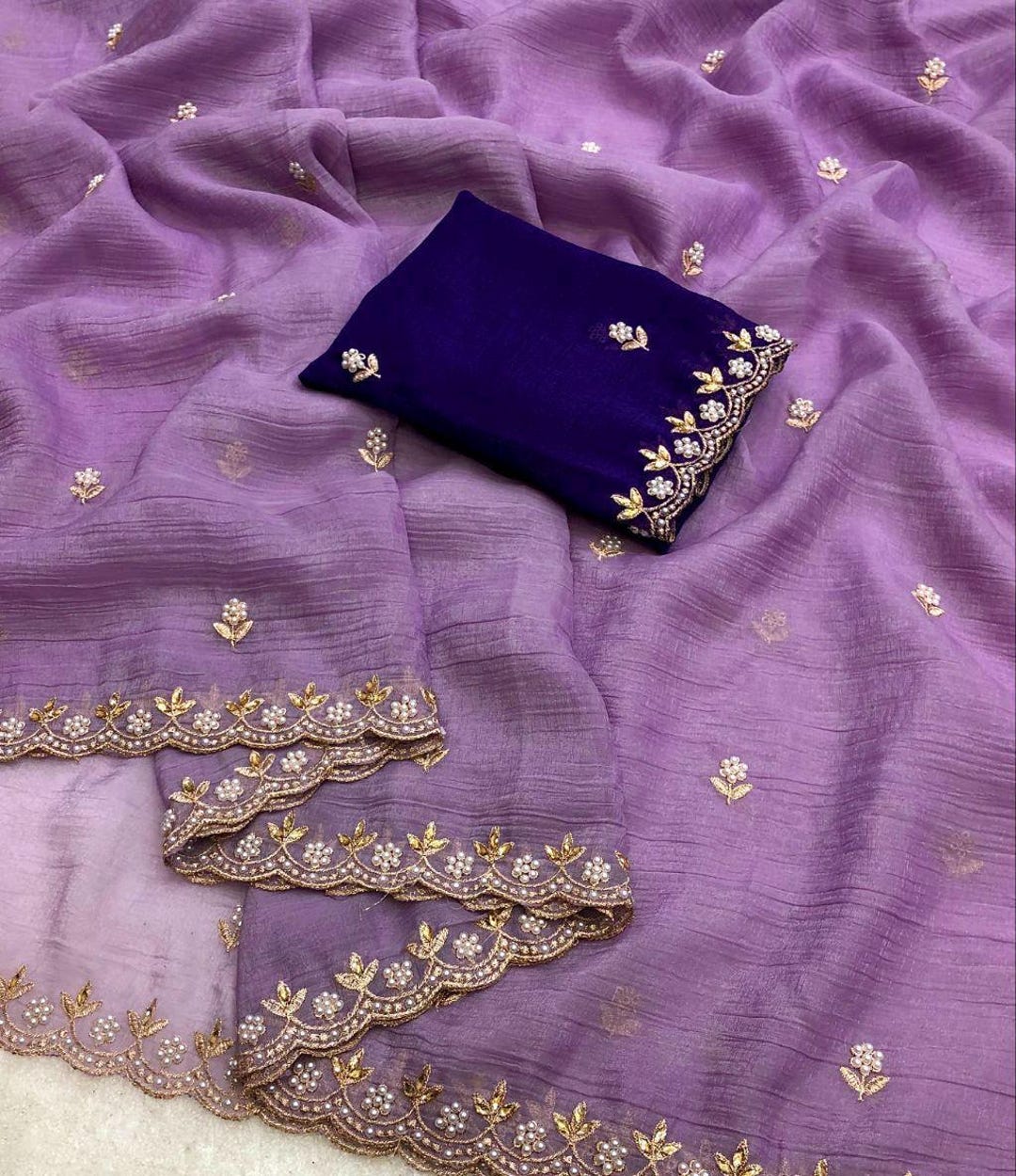 Lavender Crunchy Chiffon Crush Silk Saree With Embroidery & Moti Work ...