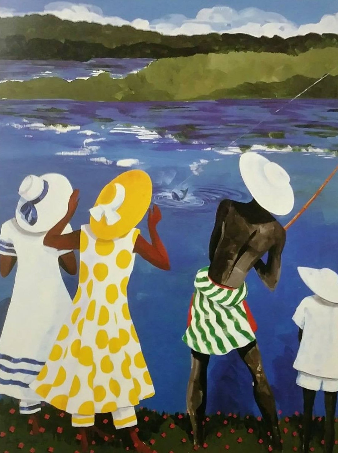 Vibrant, Colorful African American Art Fishing From the Shore by J ...