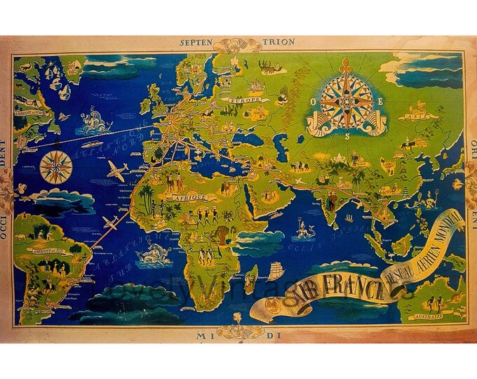 1939 Air France Pictorial Map of the World, World Air France Routes ...