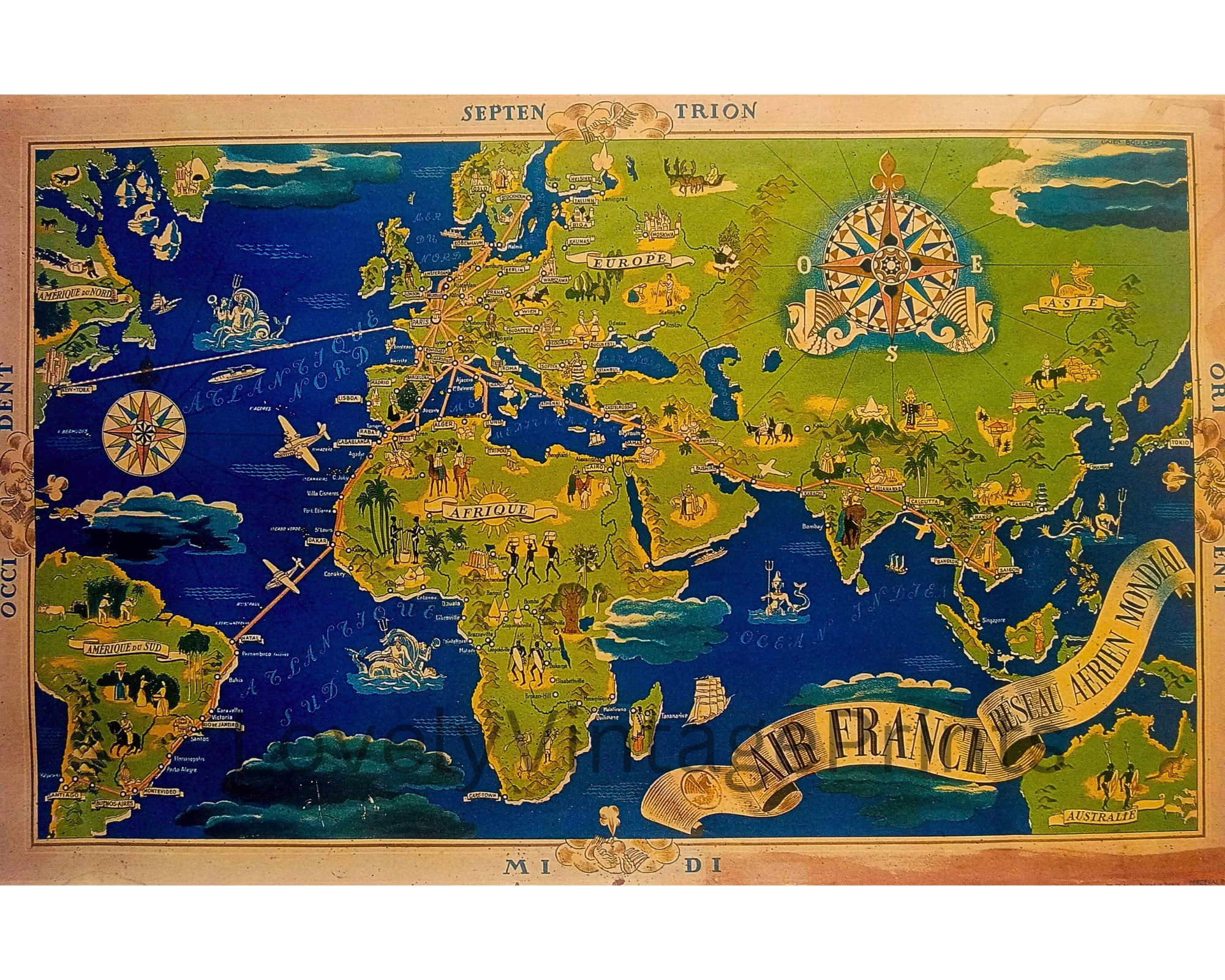 Printable Vintage Air France Route Map, PRINTABLE ART, Digital Download ...