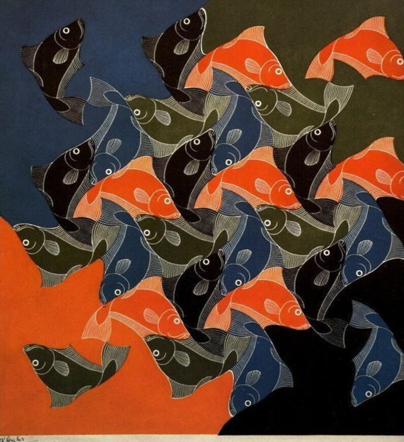LARGE M.C. Escher Print FISH Circa 1942, Vintage Fine Art Print Perfect ...