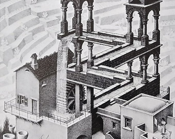 LARGE M.C. Escher Print WATERFALL, 1961, Print, Vintage 1981 Fine Art ...