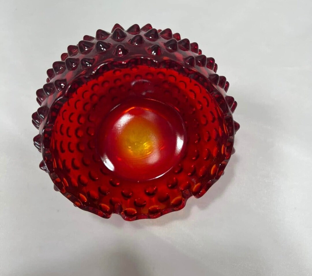 Fenton Glass Ruby Red Hobnail Ball Orb Ashtray Half Round Trinket Candy ...