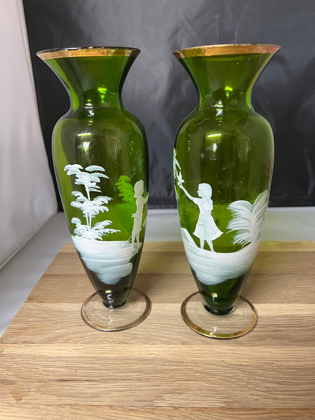 Set of Mary Gregory Green Vases - Etsy