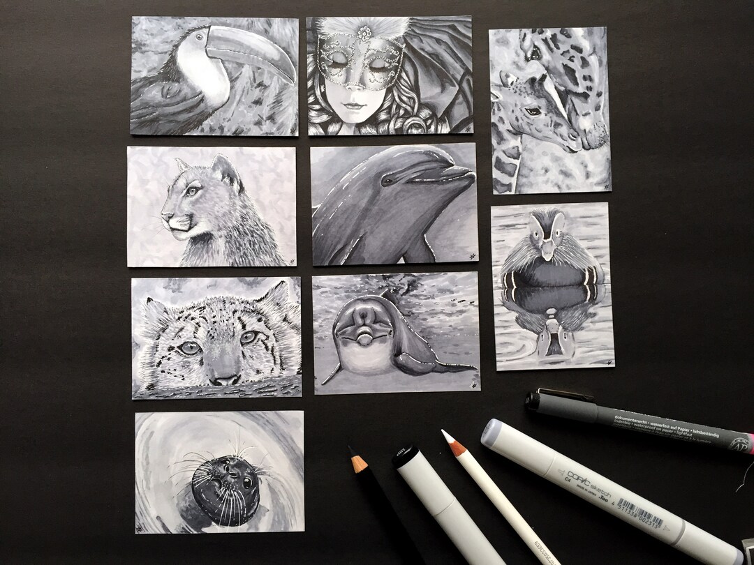 Aceo/sketch Cards - Animal Copic Marker & Pencil Crayon Mini - Etsy