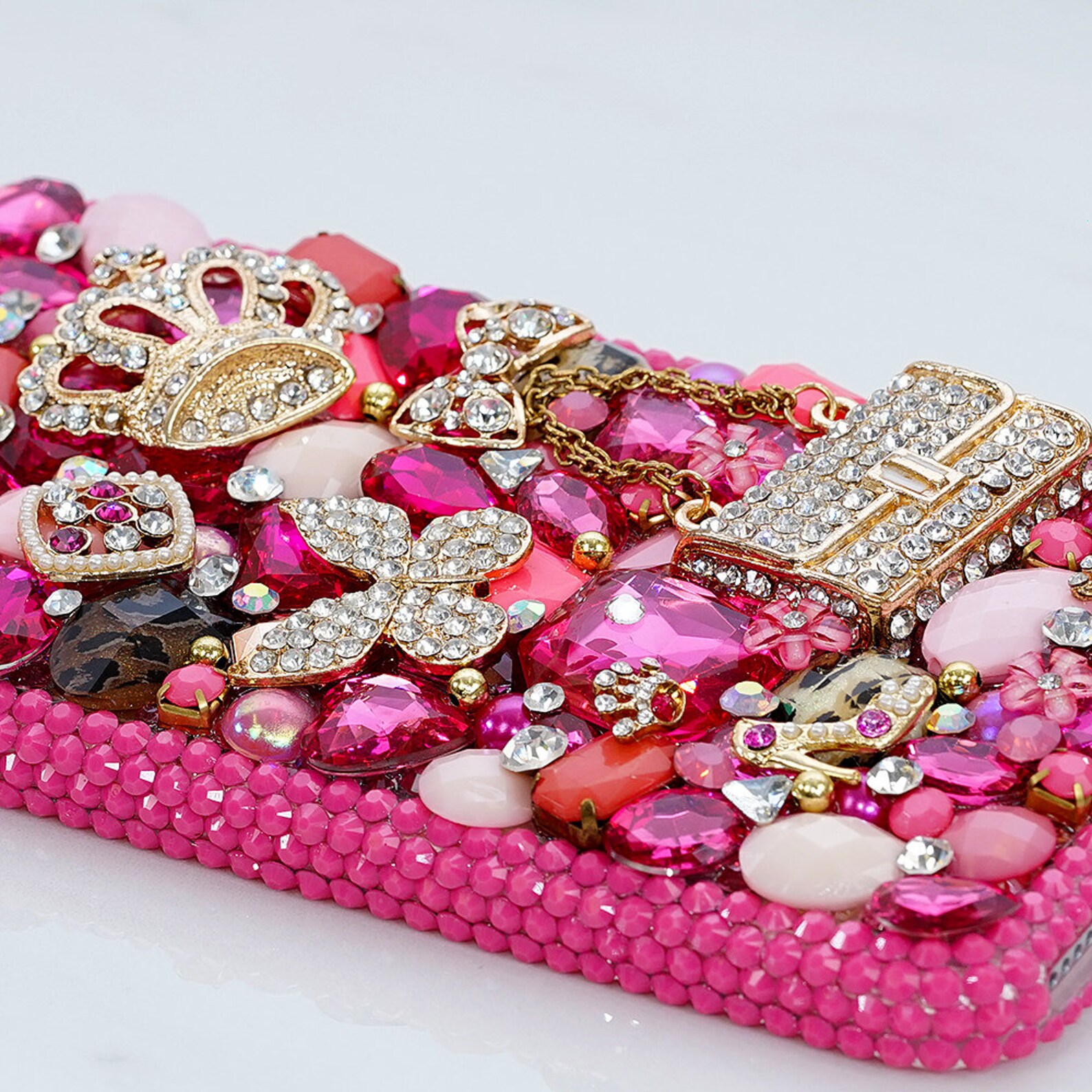 Pink Princess Diamond Gold Crown Purse Bow Genuine Crystals Diamond ...