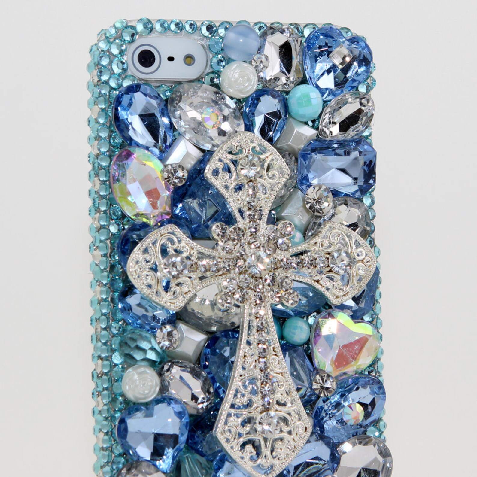 Genuine Crystals Blue Diamond Cross Case for iPhone 17 16 Pro Max 15 ...