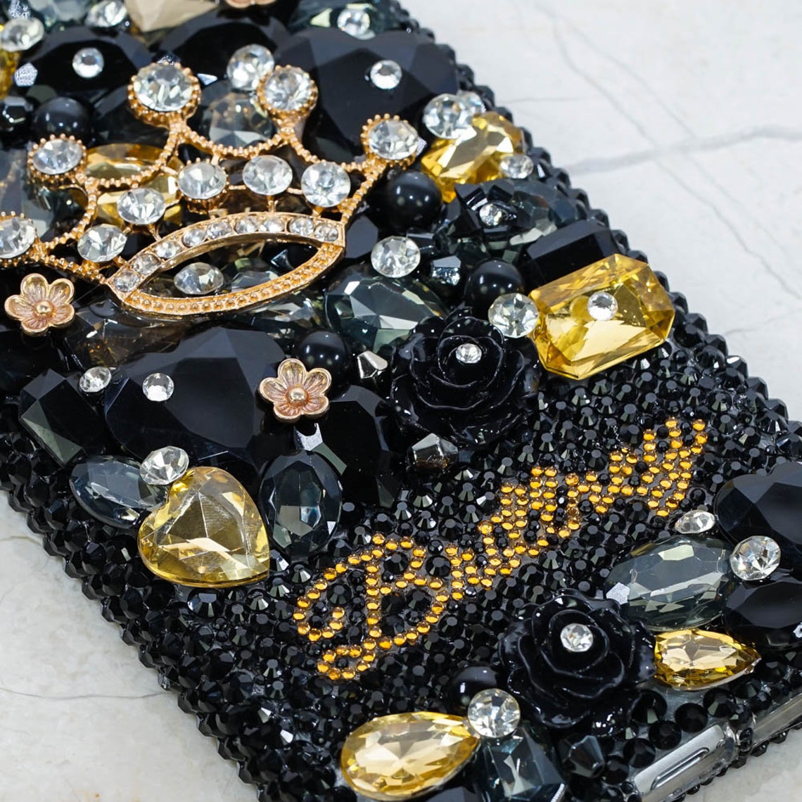 Golden Diamond Crown Personalized Name Genuine Black Crystals Bling ...