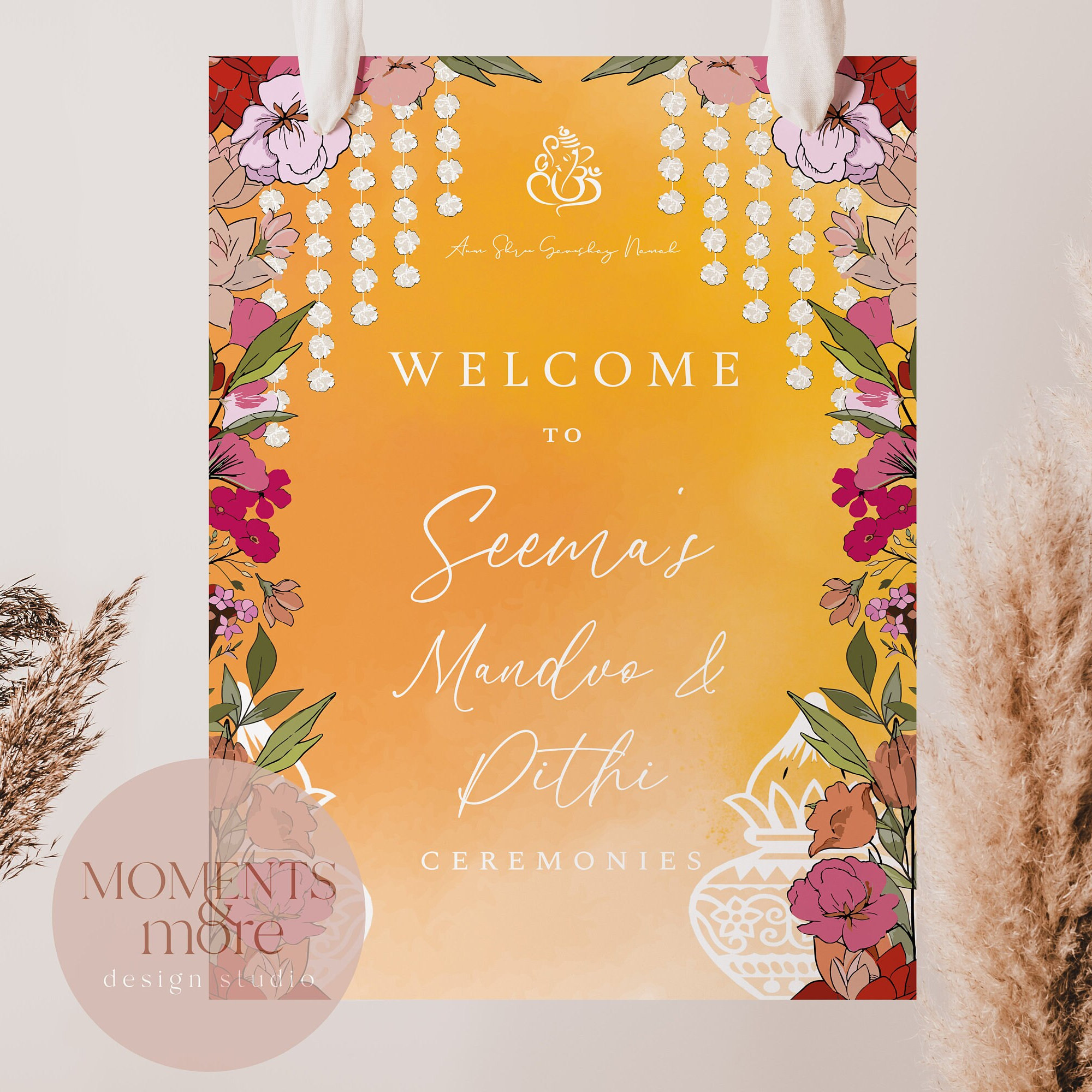 Modern, Yellow, Floral Welcome Sign, Sangeet Welcome Board, Mehndi ...