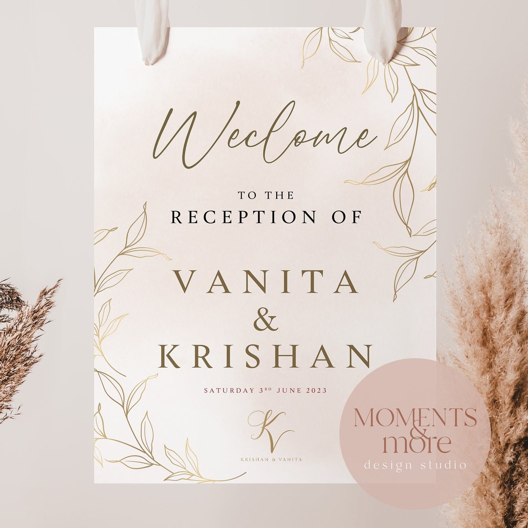 Minimalist Modern Wedding Welcome Sign, Gold Leaf Wedding Board, Leaf ...