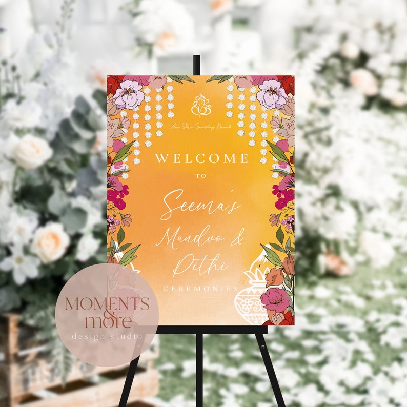 Modern, Yellow, Floral Welcome Sign, Sangeet Welcome Board, Mehndi ...