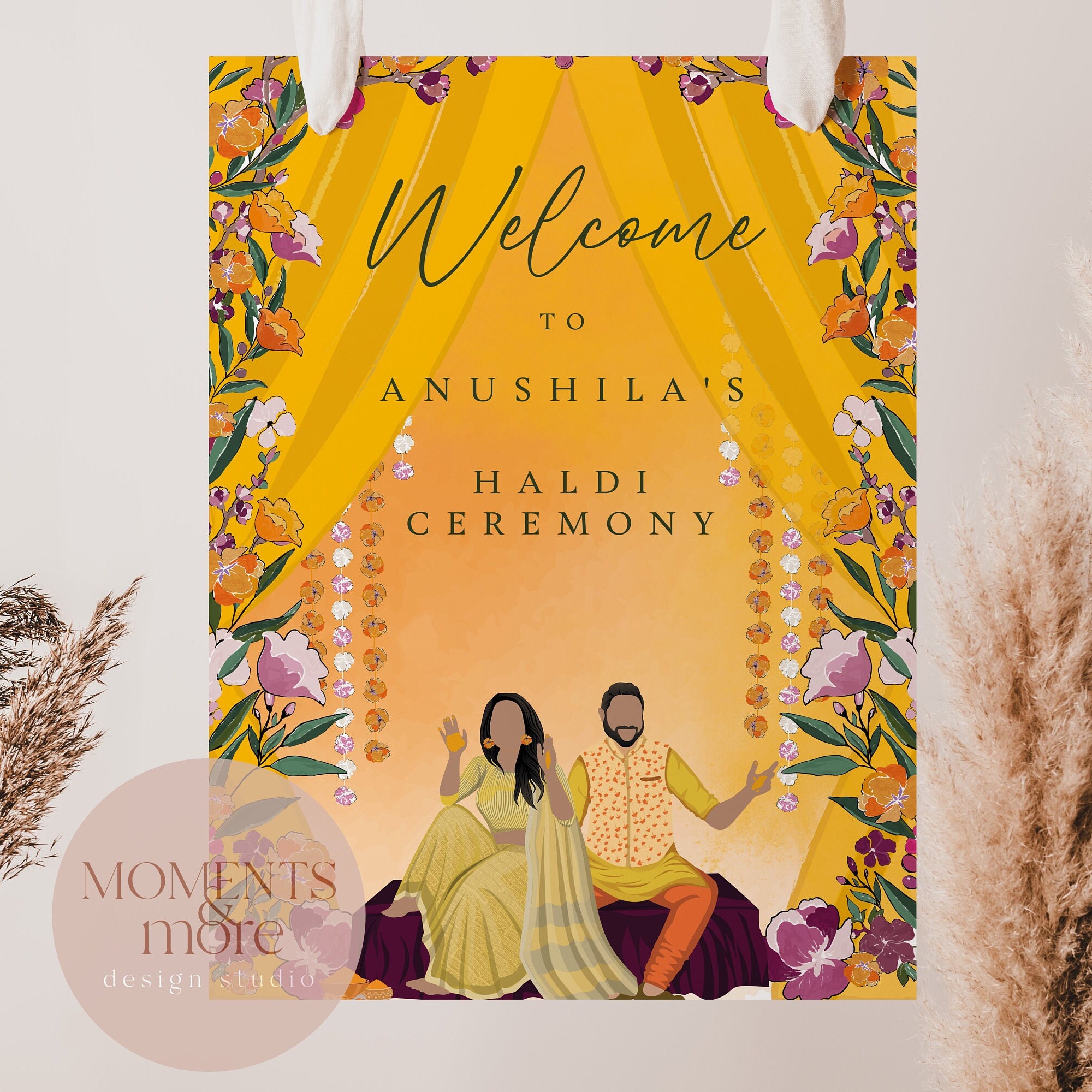 Modern, Yellow, Floral, Couple Welcome Sign, Sangeet Welcome Board ...