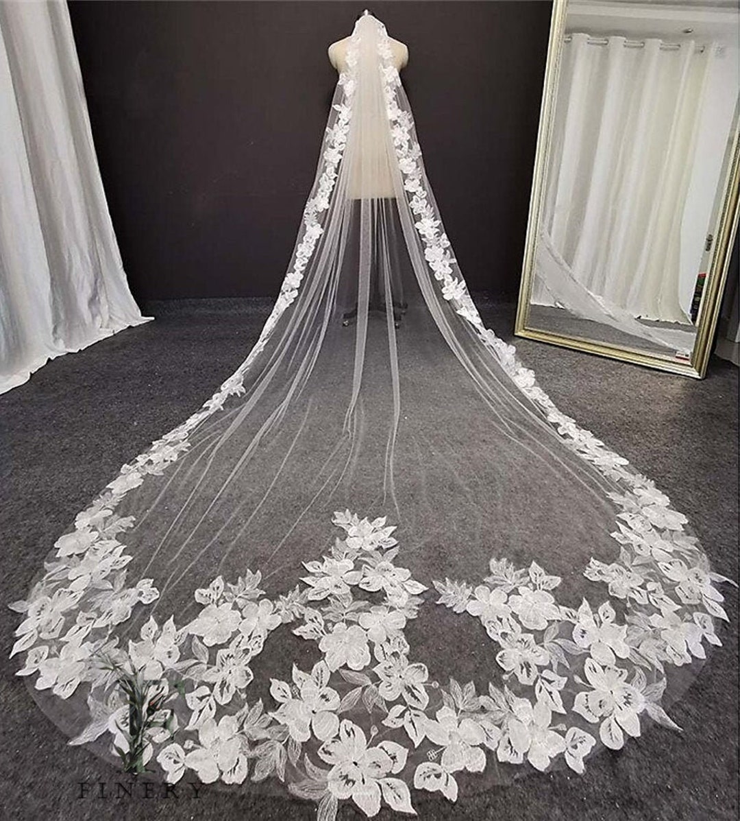 Stunning Floral Embroidered Cathedral Wedding Veil, Bridal Veil, Light ...