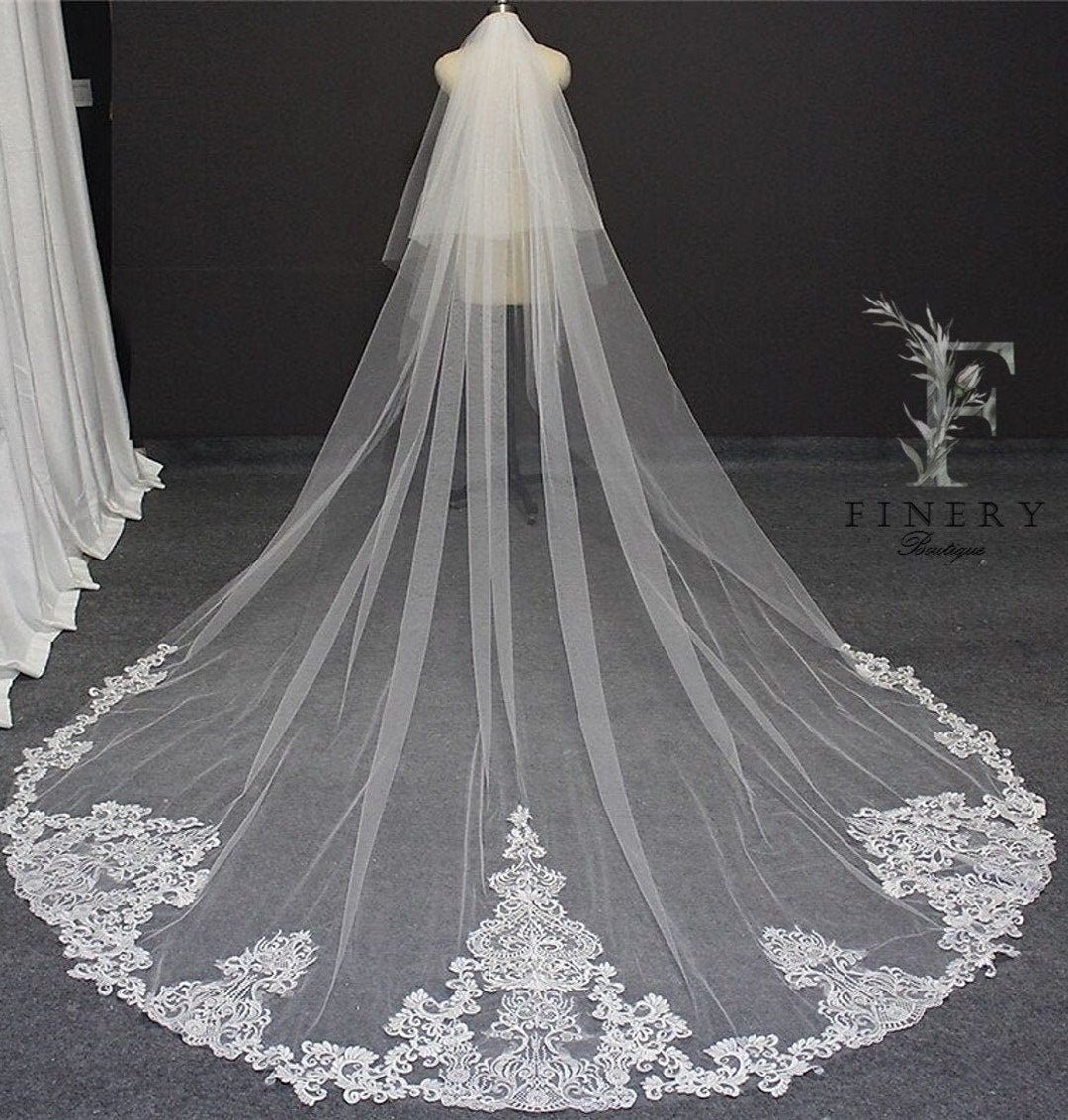 Ivory Cathedral Wedding Veil Sequin Lace Wedding Veil, Blusher Veil ...