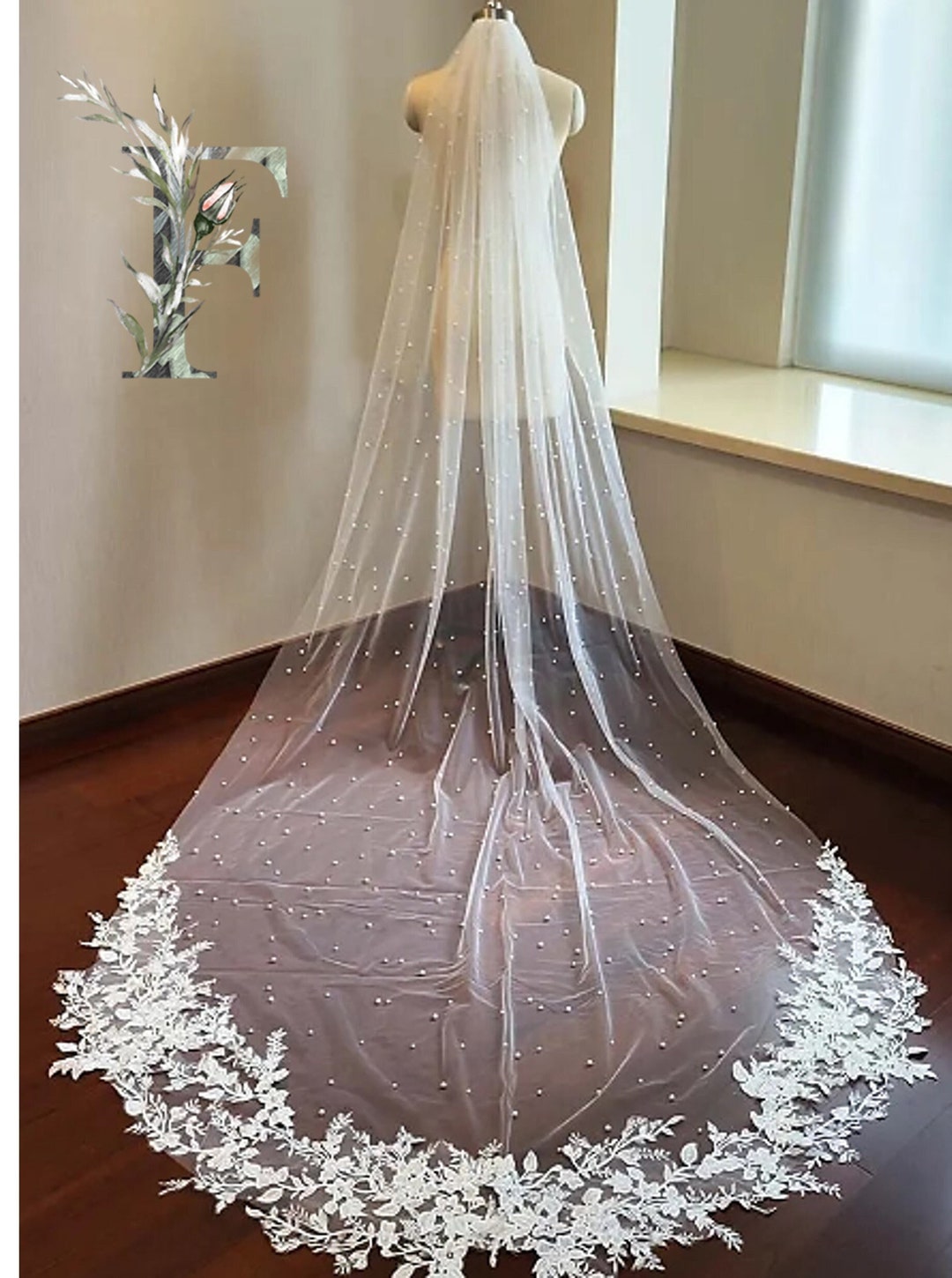 Ivory Embroidered Lace Wedding Veil With Scattered Pearls - Etsy