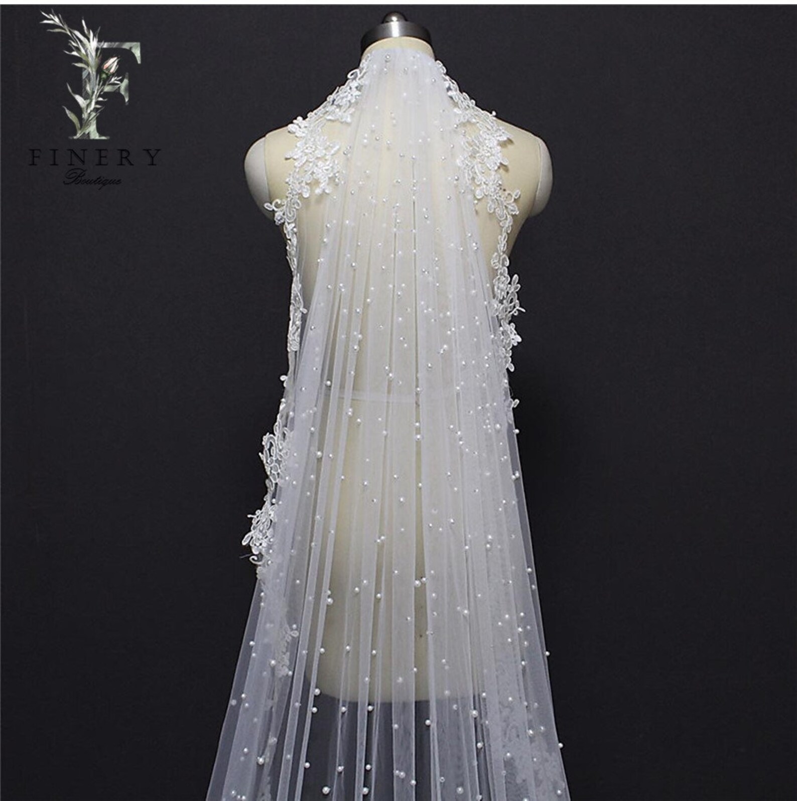 Ivory Wedding Veil: Embroidered Lace Edge, Scattered Pearls, Pearl Lace ...