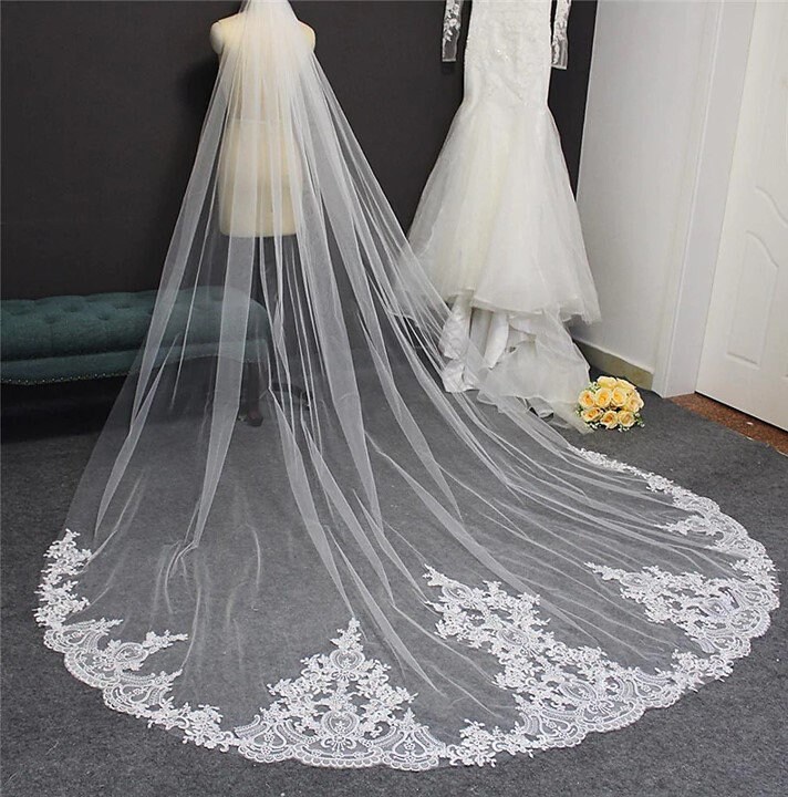 White Ivory Cathedral Wedding Veil, Modern Lace Wedding Bridal Veil ...
