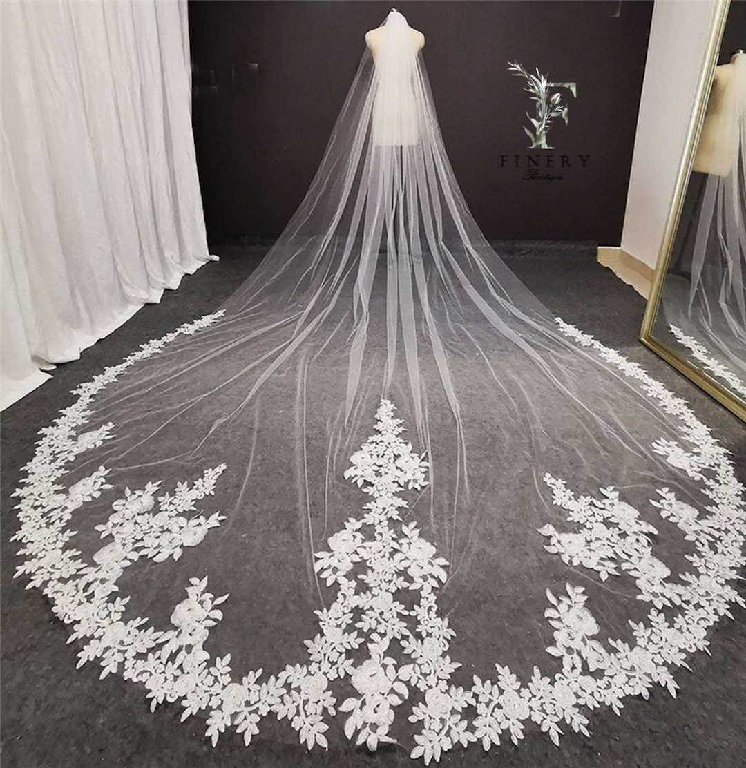 Royal, Extra Wide, Embroidered Rose Lace Wedding Veil, Cathedral Veil ...