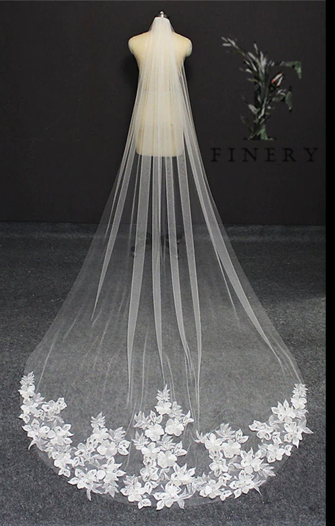 Floral Embroidered Wedding Veil: Chapel Cathedral Length, Ivory White ...