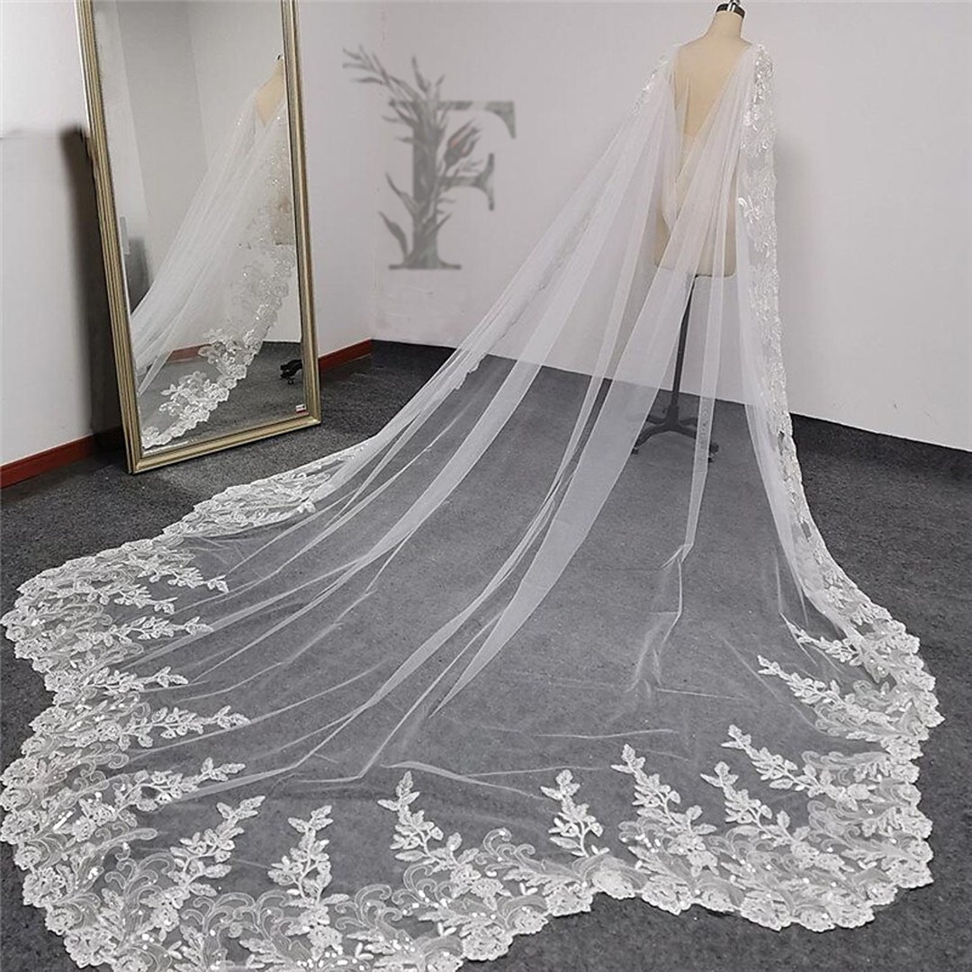 Scalloped Cape, Clear Sequin Beading Embroidered Lace Cathedral Wedding ...