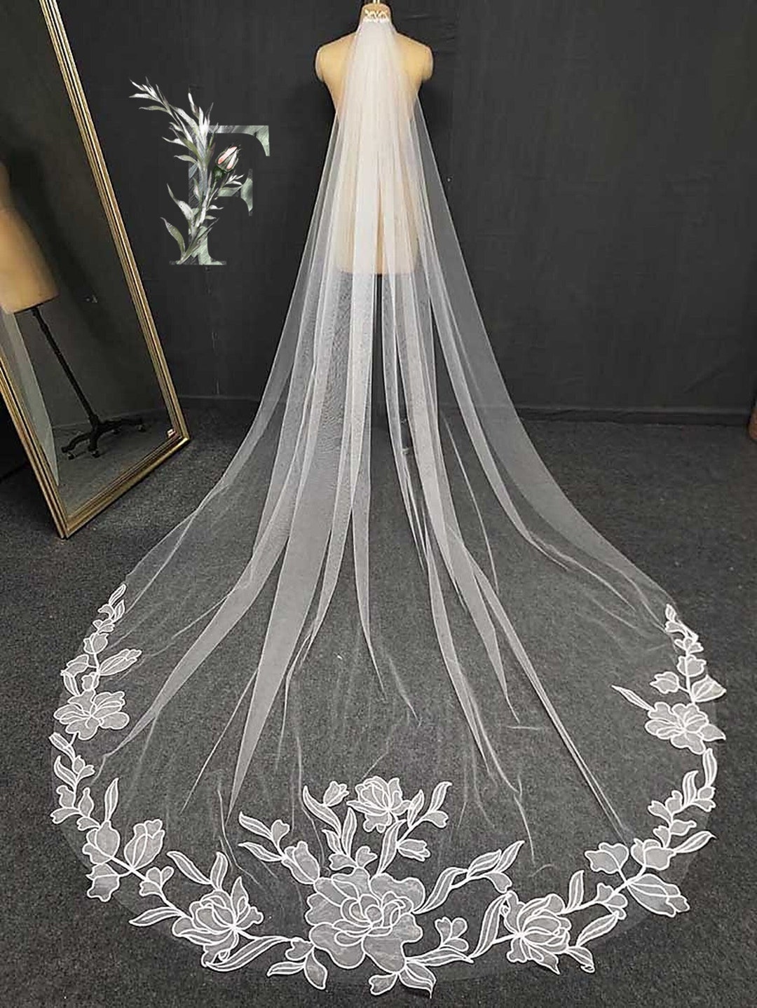 Floral Embroidered Cathedral Wedding Veil: Modern Abstract Design - Etsy