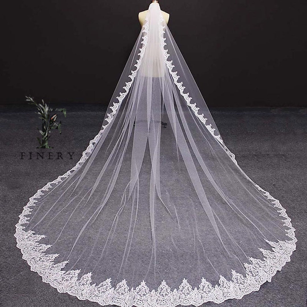 Wide Sequin Lace Border Wedding Veil, Lace Wedding Veil, Single Tier ...