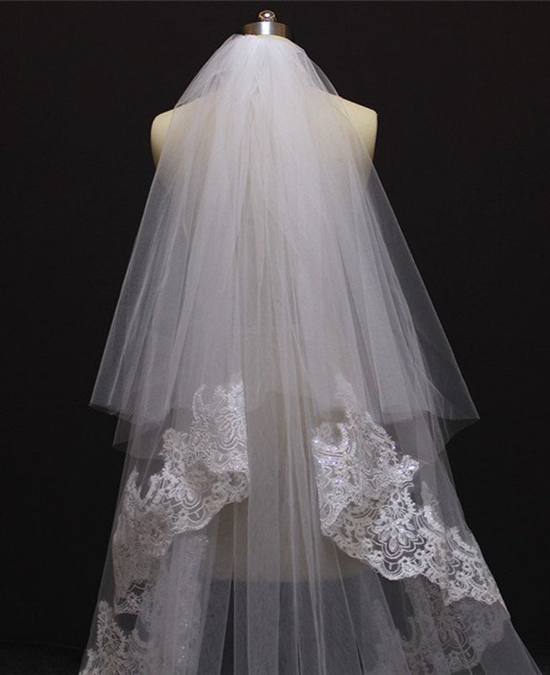 Ivory Sequin Lace Cathedral Veil, Blusher Veil, Sparkle Veil, Beaded ...
